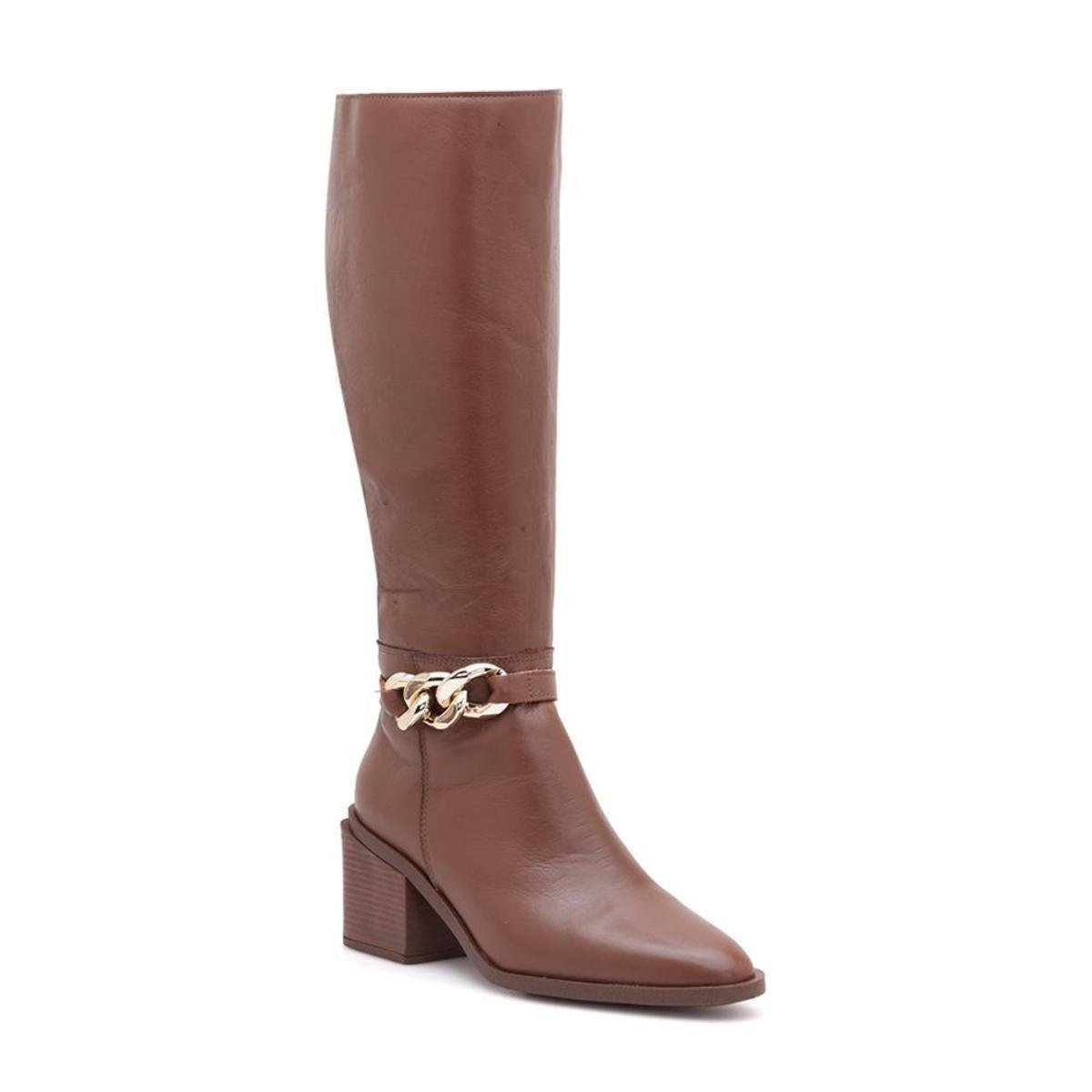 Bota Feminina Cano Alto Salto Baixo Couro Bico Fino Zíper - Marrom ...