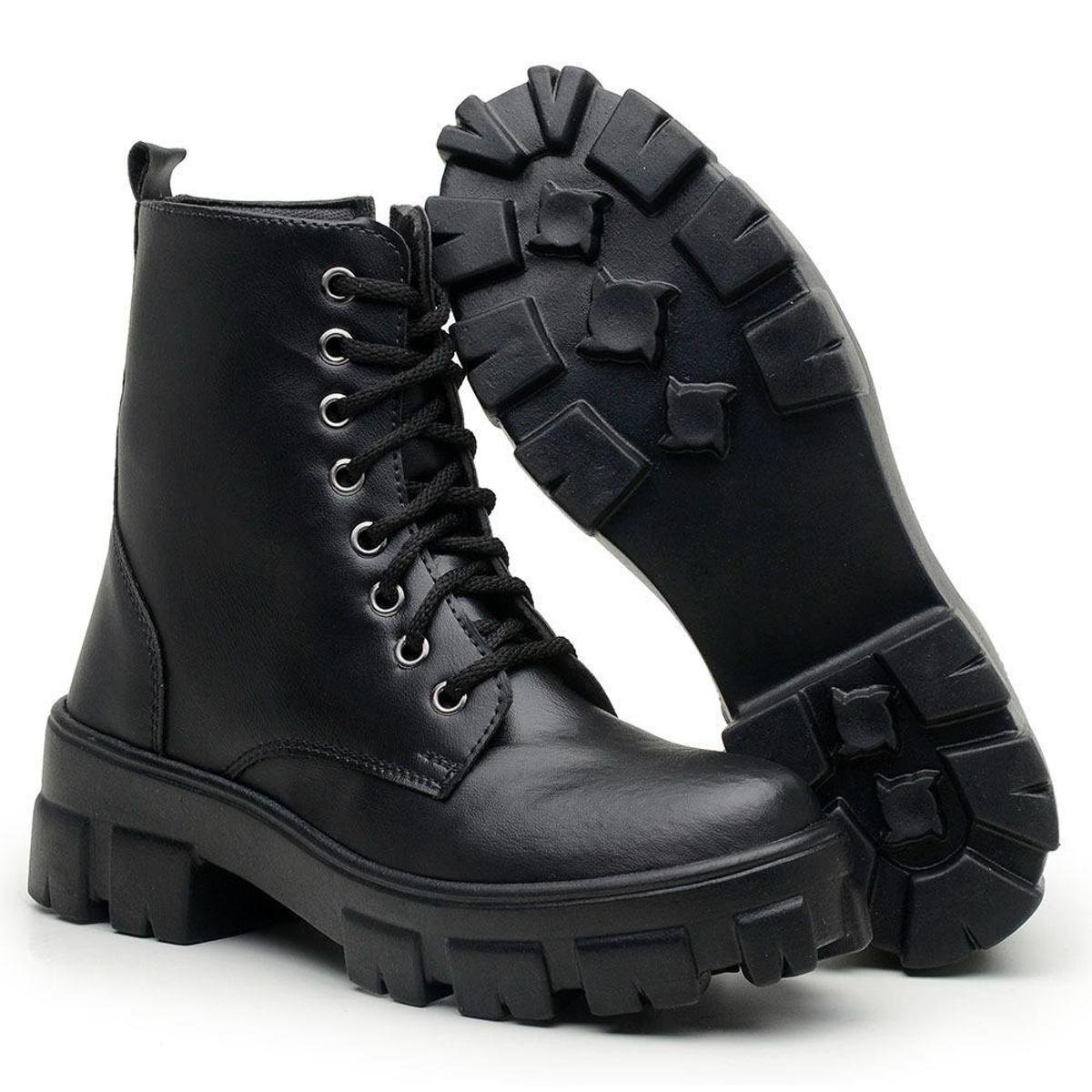 Bota Plataforma Feminina Couro Tratorada Preta Country - Preto | Zattini