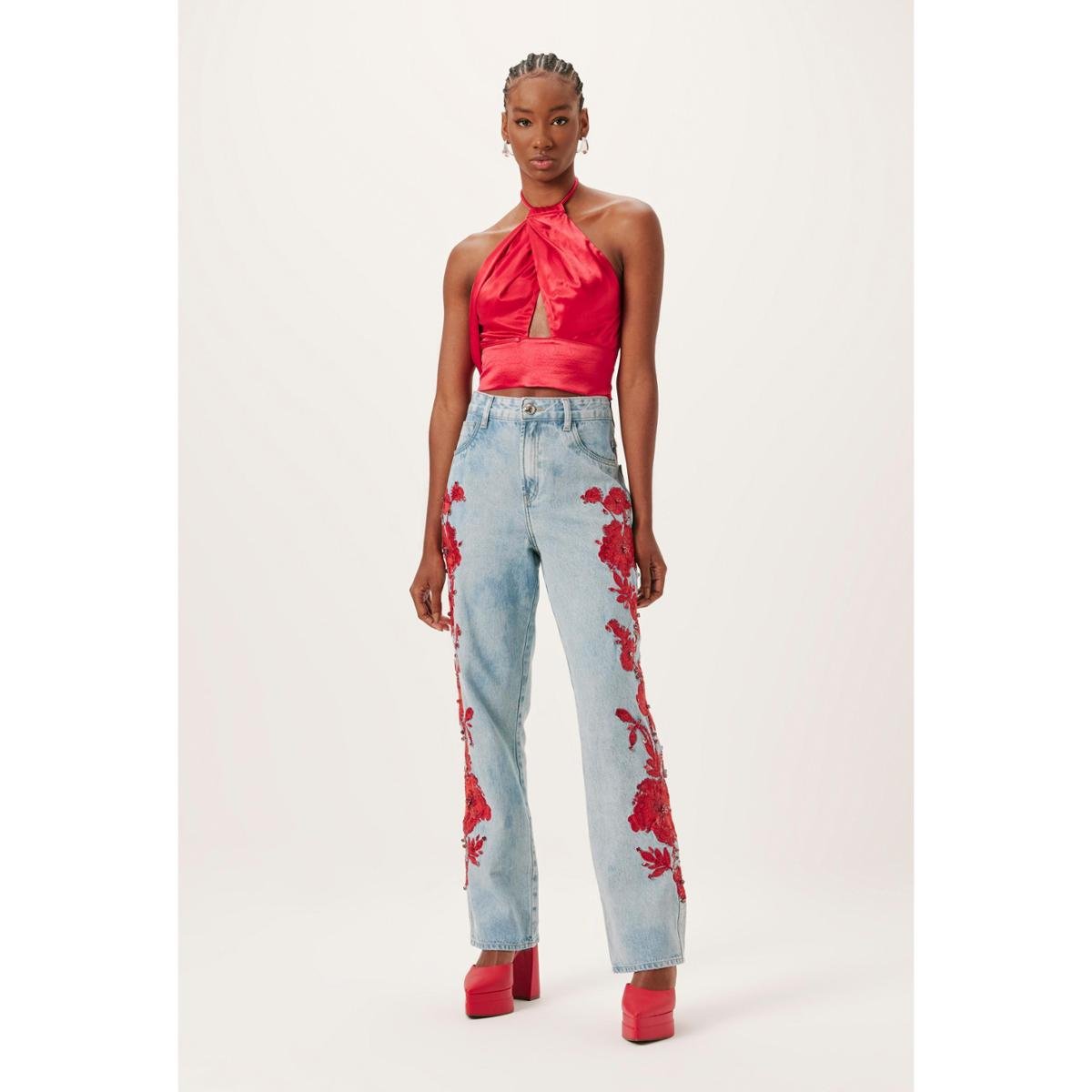 CALÇA ZENDAYA CINTURA BAIXA COM BORDADO VERMELHO - Vermelho | Zattini