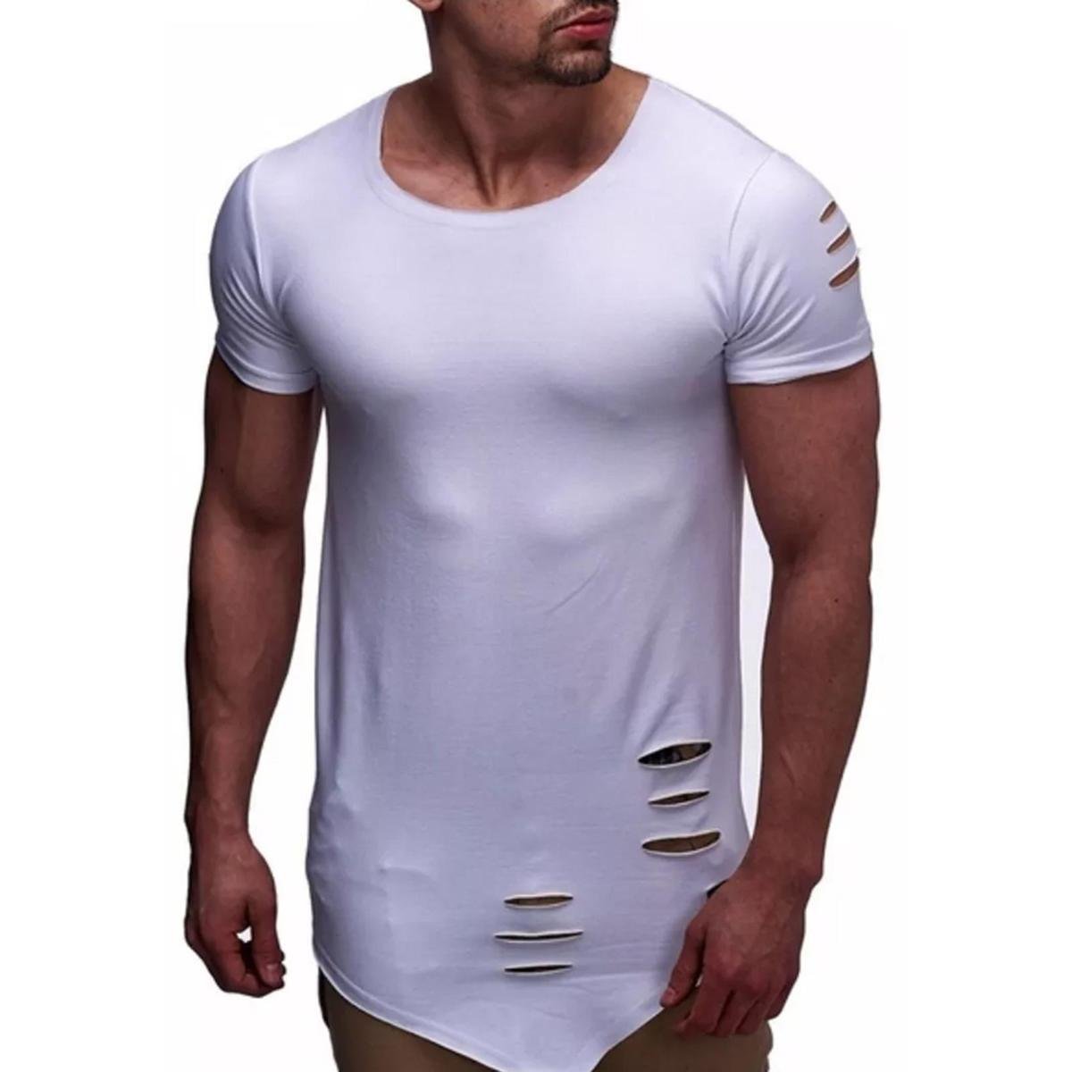 Camisa Rasgada Destroyd Destroida Longline Oversized Bico X - Branco ...