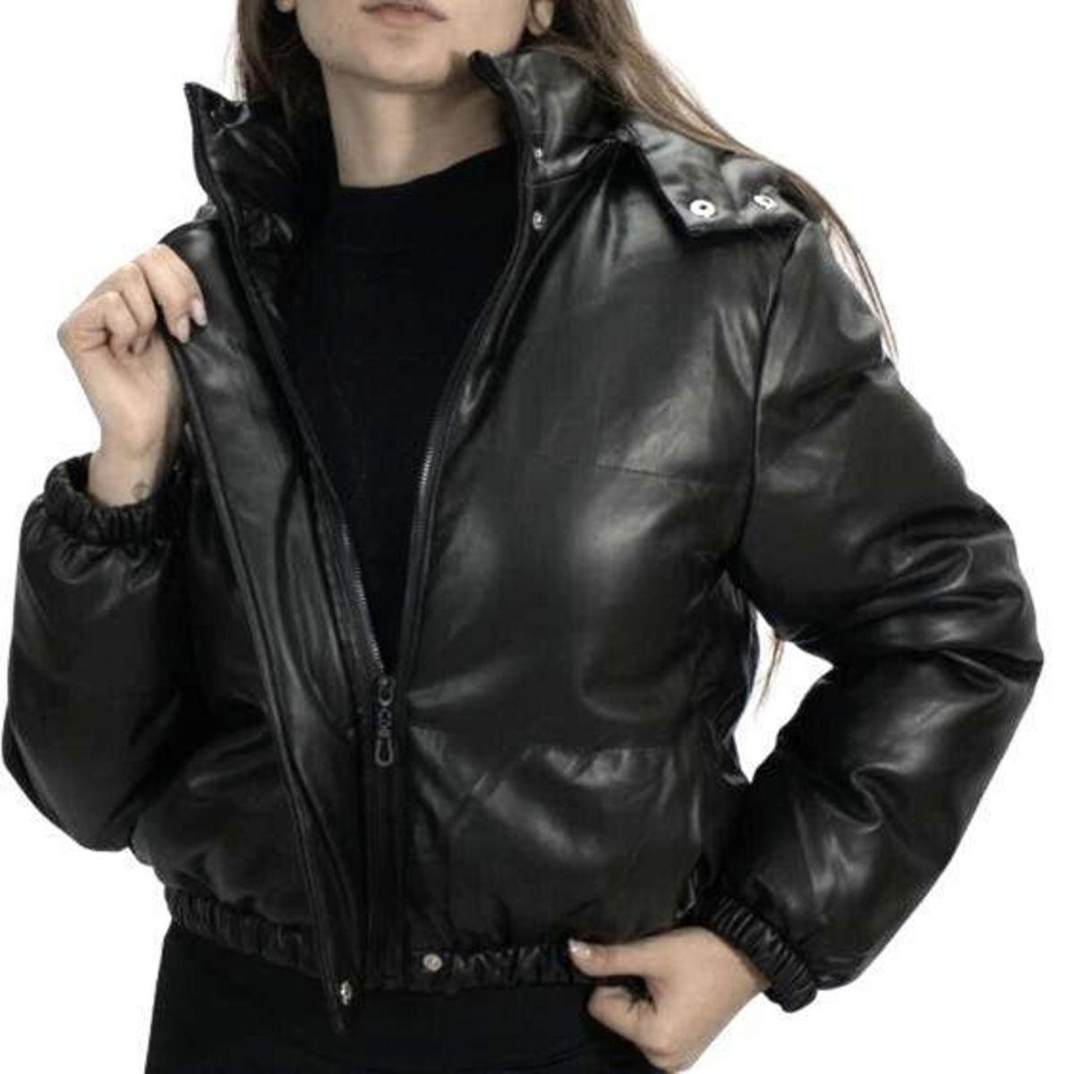 Jaqueta Feminina Eco-Couro Bomber Capuz Bobojaco Puffer - Preto | Zattini