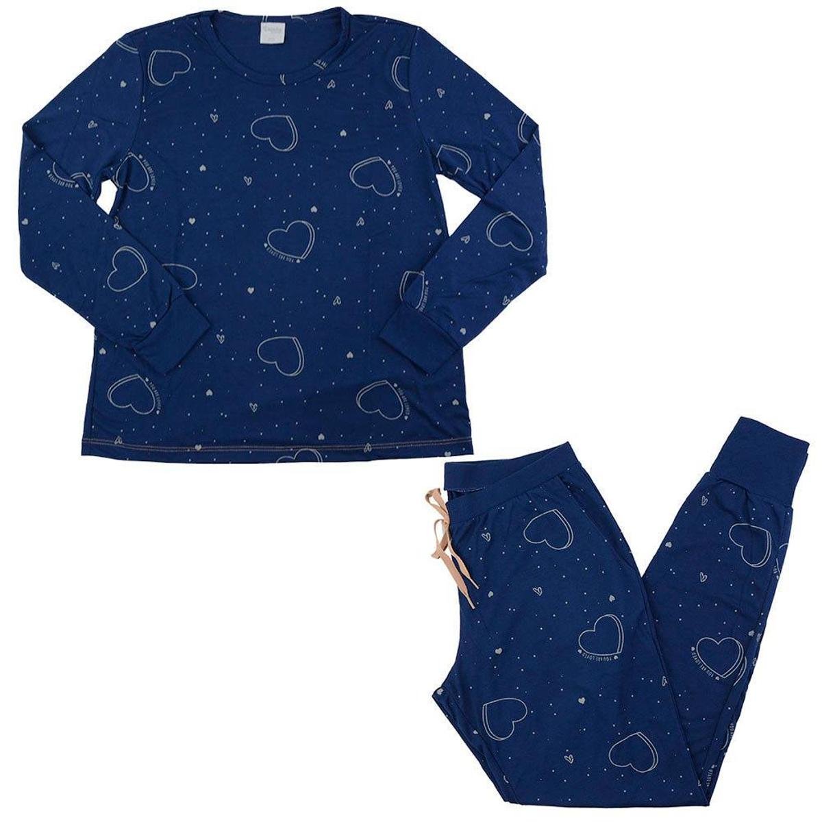 Pijama Feminino Danka Longo Coração Azul Marinho - 012020 - Azul | Zattini