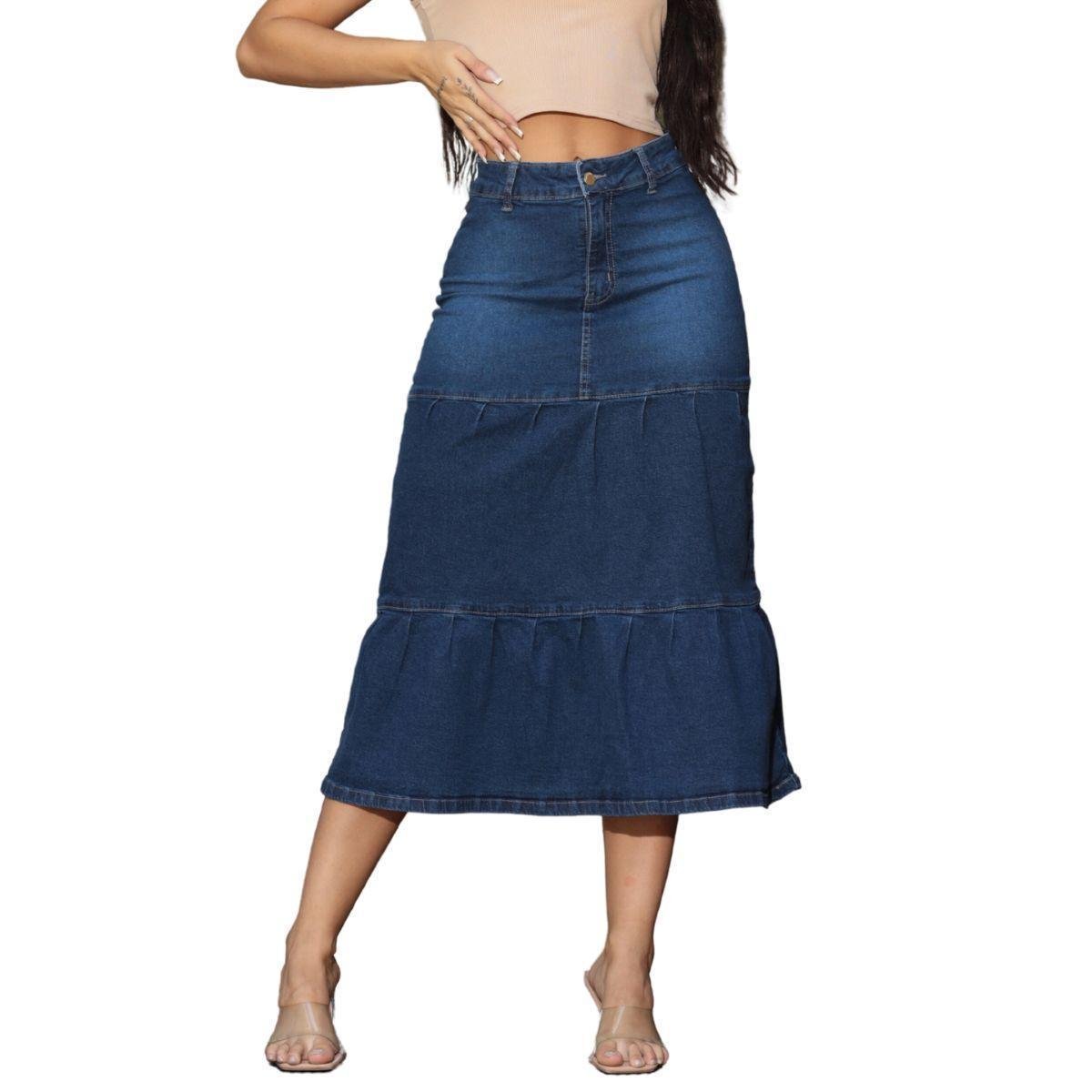 Saia Midi Meitrix Jeans Com Elastano Feminina - Azul | Zattini
