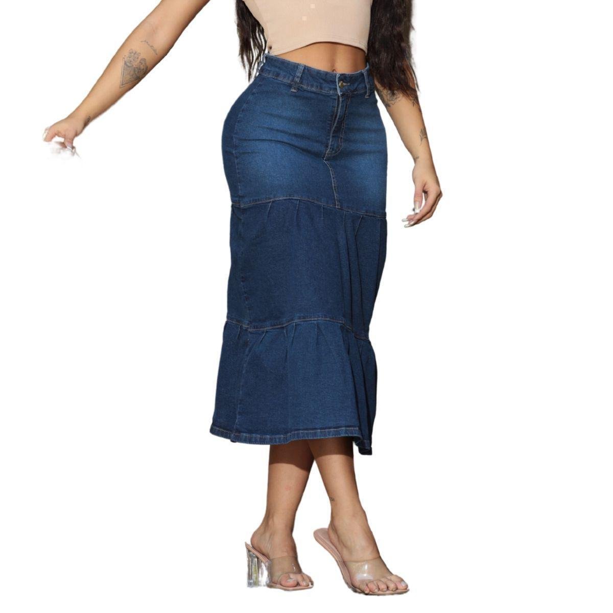 Saia Midi Meitrix Jeans Com Elastano Feminina - Azul | Zattini