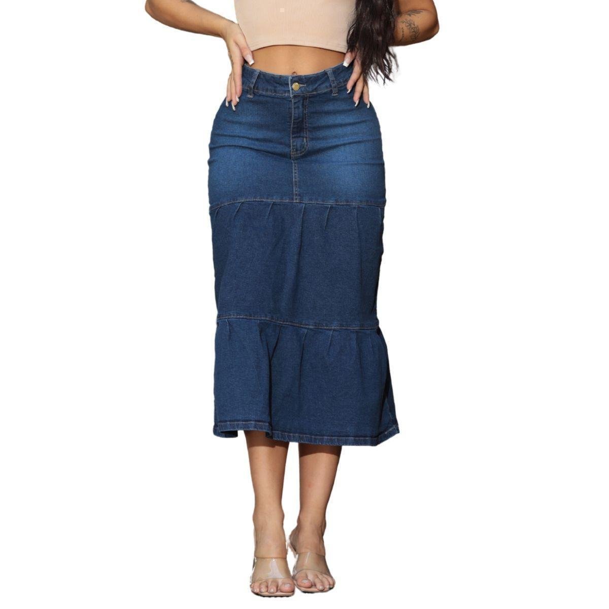 Saia Midi Meitrix Jeans Com Elastano Feminina - Azul | Zattini