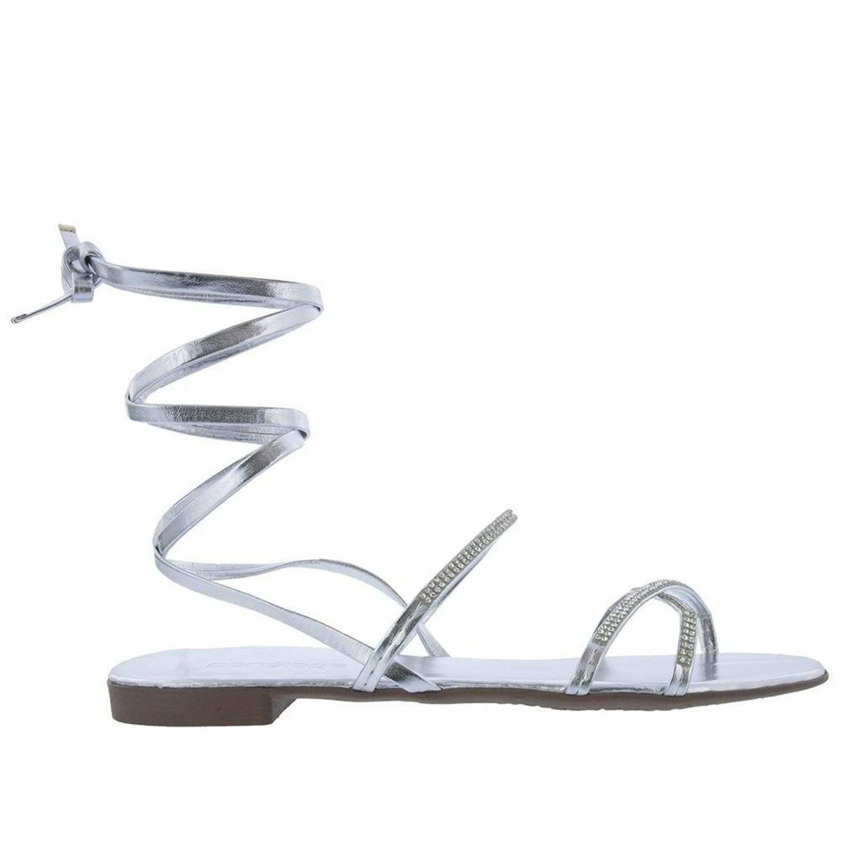 Sandália Rasteira Penélope Amarração Strass Metalizada Prata - Prata ...