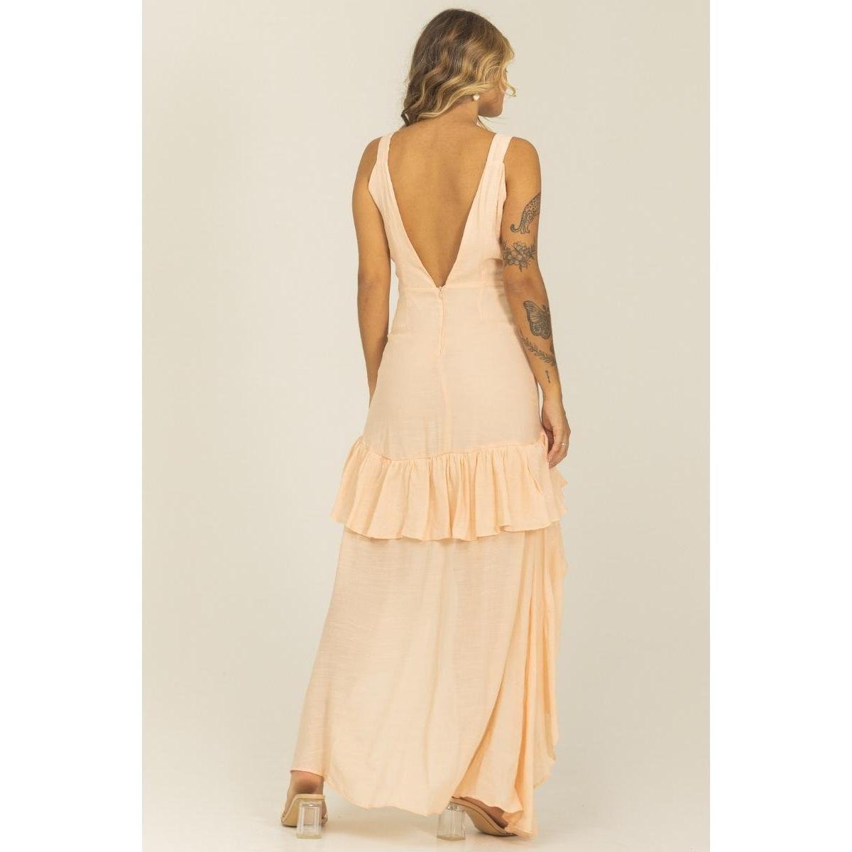 Vestido De Viscose Lisa Longo Com Decote Bico Allmaria - Bege | Zattini