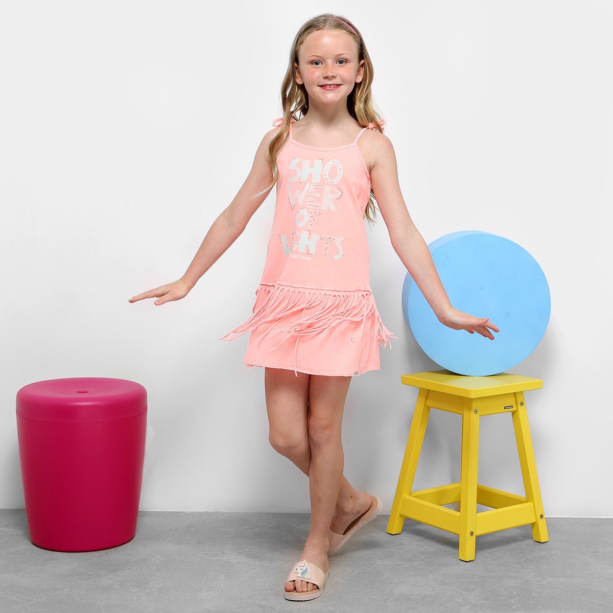 Vestido Infantil Dimy Candy Alcinha Franjas - Salmão | Zattini
