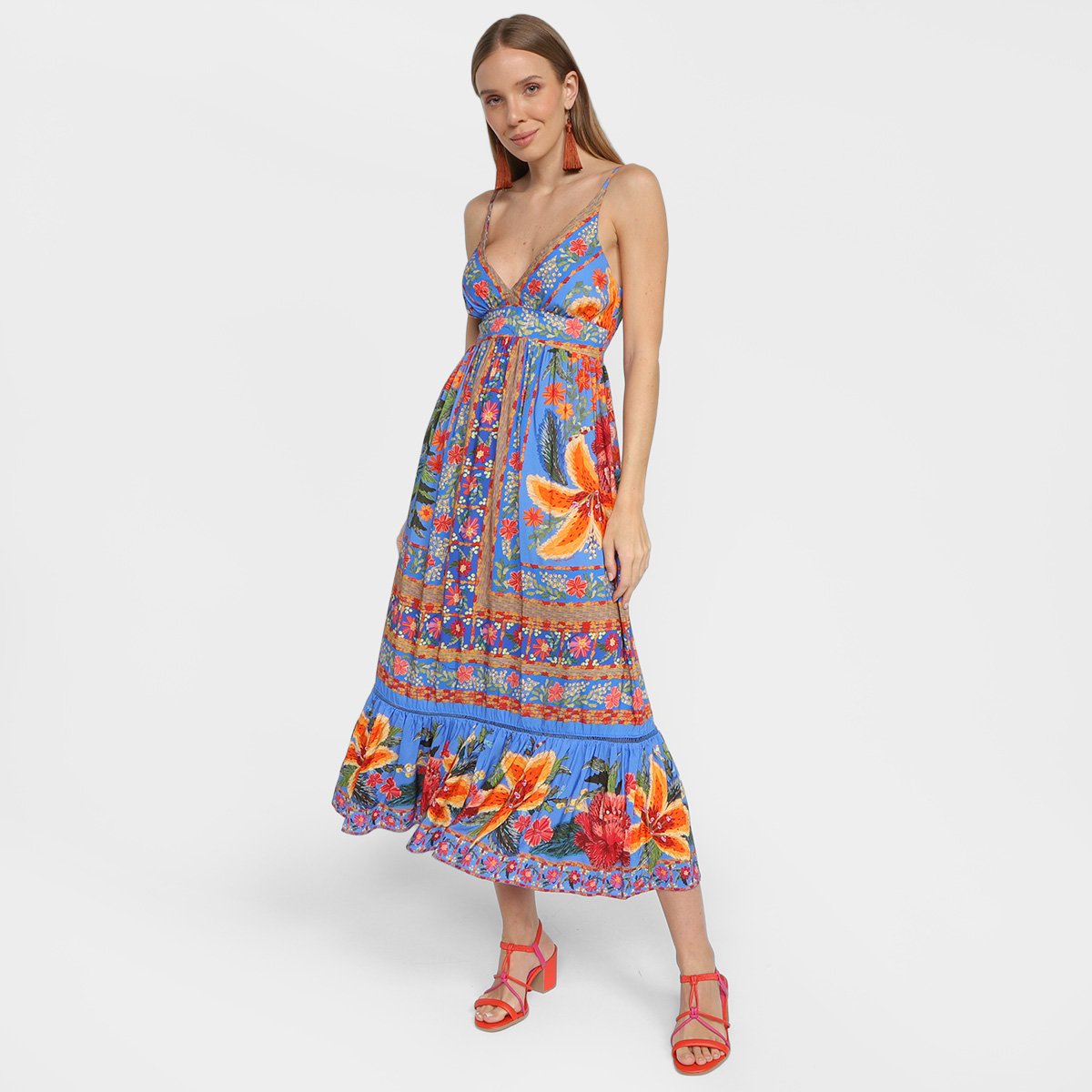 Vestido Longo Farm Cropped Bordadeira - Azul | Zattini